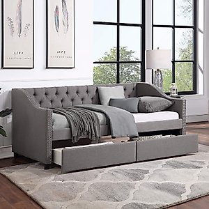 Oudiec Upholstered Twin Size daybed with Drawers,Pine Wood Bed Frame Bedroom Furniture Bedframe with Headboard & Wood Slat Support,No Box Spring Needed, Gray