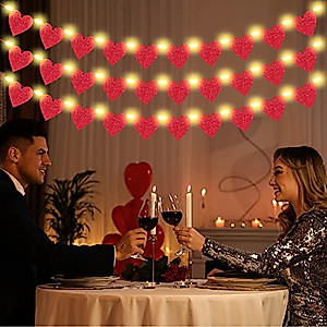 2 Pieces Heart Garland Banner for Valentines Day with Warm Led Lights Decorations Red Pink Heart Felt Banners Garland for Fireplace, Anniversary, Wedding, Engagement Party Home Decor (Style 1)
