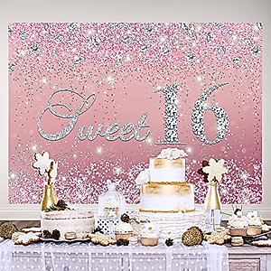 Hilioens 7×5ft Sweet 16th Birthday Backdrop Glitter Pink Diamonds Bokeh Girls 16th Birthday Party Backgorund Shining Silver Happy Sixteen Birthday Party Banner Deocrations Photo Booth Props