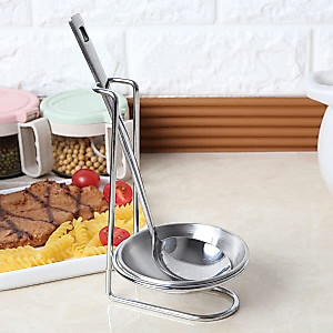 1 Piece Stainless Steel Spoon Rest Holder with Bowl Spoon Rack Standing Spoon Rest Vertical Spoon Rest Soup Ladle Holder Ladle Rest for Kitchen Counter, Silver