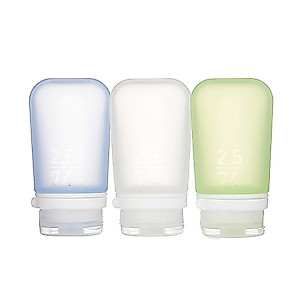humangear GoToob+ 3-Pack (Small) | Refillable Silicone Travel Bottle | Locking Lid | Food-Safe Material, Clear/Green/Blue, Small (1.7 fl.oz; 53ml)