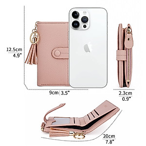 HKCLUF Small Wallets for Women,RFID Blocking Wallet Women,Bifold Slim Card Holder Zipper Coin Pocket With Tassel Keychain(Pink)