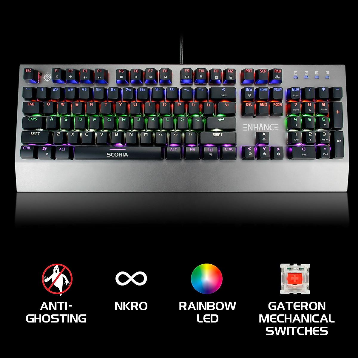 ENHANCE LED Mechanical Gaming Keyboard - Red Switches 104 Backlit Keys Pro Series FPS/MOBA Brushed Aluminum Metal - Anti Ghosting, N-Key Rollover, 10 Lighting Modes - Scoria Tournament Keyboard