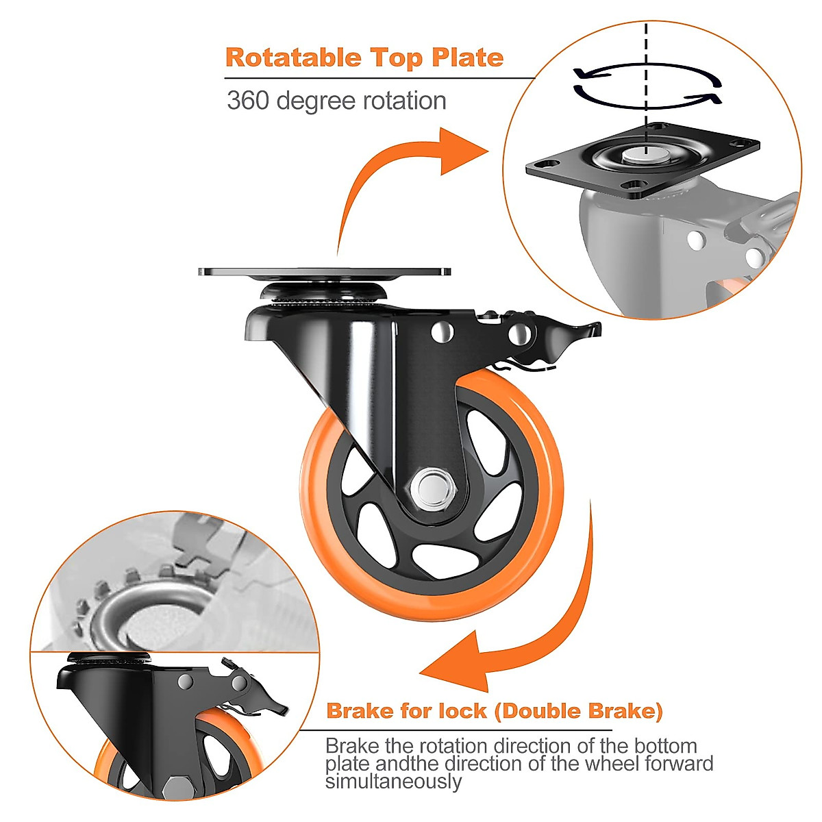 4 Inch Caster Wheels, Casters Set of 4 Heavy Duty, Industrial Casters with Brake, Polyurethane Foam No Noise Casters, Locking Swivel Plate Casters for Furniture&Workbench Cart(Free Two Hardware Kits)