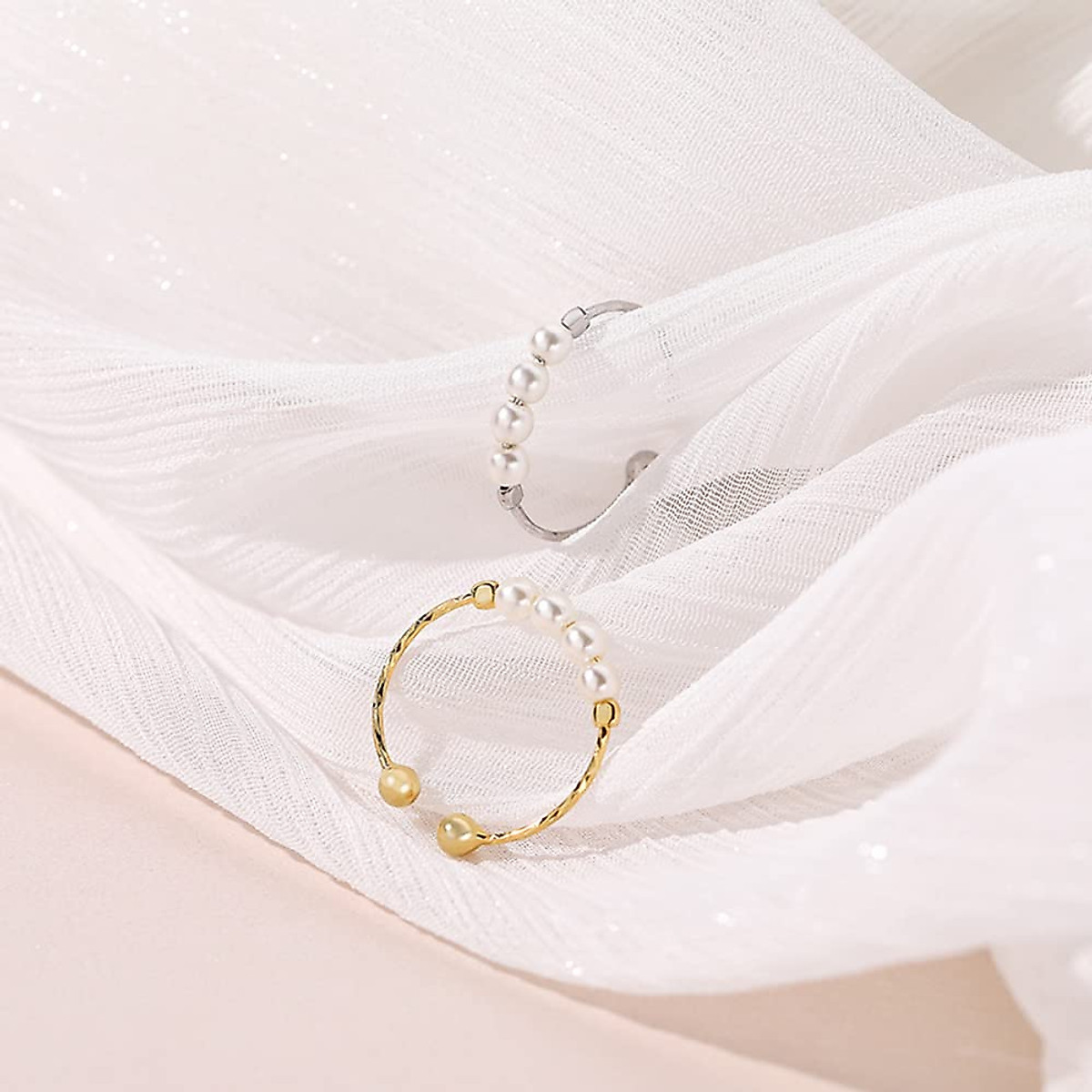 HUIZIUYUQI Tiny Pearl Thin Small Open Rings for Women 925 Sterling Silver Adjustable Dainty Statement Pinky Knuckle Rings Party Birthday Jewelry Gifts 2 PCS Set 7#