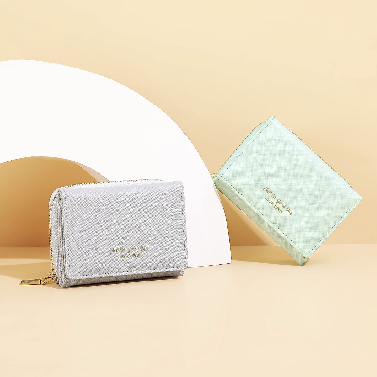 JIUFENG Women's RFID Blocking Short Wallet Multi Purpose Zipper Folded Purses Coins Pouches Multi-card Position Card Organizer (Green)