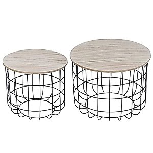 LIRUXUN 2pcs Living Room Storage Side Table Set Coffee Table with Metal Basket and Wood Tabletop