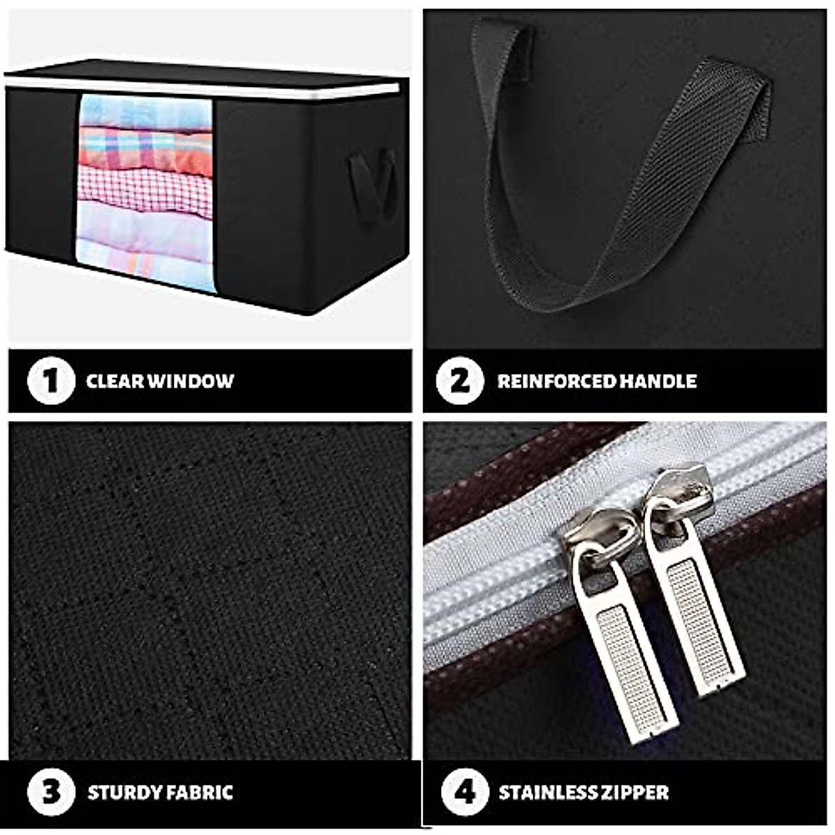 6 Pieces Large Clothes Storage Bag Organizer Foldable Clothes Storage Containers with Clear Window Sturdy Zipper Reinforced Handle Thick Fabric for Pillows Blankets Bedding Supplies, 2 Sizes (Black)