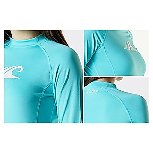 TSLA Women's Long Sleeve Rash Guard, UPF 50+ Water Beach Surf Swim Shirts, UV/Sun Protection Swim Top, Coastal Tide Print Aqua, Small