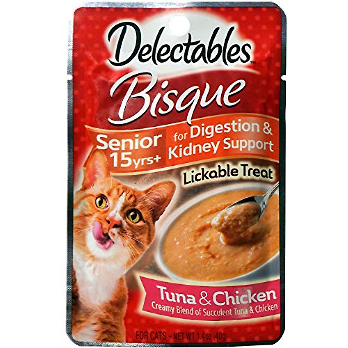 Delectables Stew Senior 15+ Chicken & Tuna Lickable Cat Treat Bisque Senior 15 Years+ Lickable Wet Cat Treats. Two Flavors, 3 Pouches of Each Flavor. Variety Pack 6 Count Total