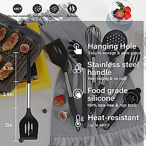 QMVESS Silicone Kitchen Utensil Set, 28 Pcs Non-Stick Cooking Utensils Set with Holder, Tongs, Spatula, Whisk, Measuring Cups and Spoons Set with Stainless Steel Handle Kitchen Gadgets (Black)