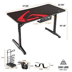 It's_Organized 47 inch Gaming Desk Racing Style Computer Desk with Free Mouse pad, T-Shaped Professional Gamer Game Station with USB Gaming Handle Rack, Cup Holder & Headphone Hook,Black