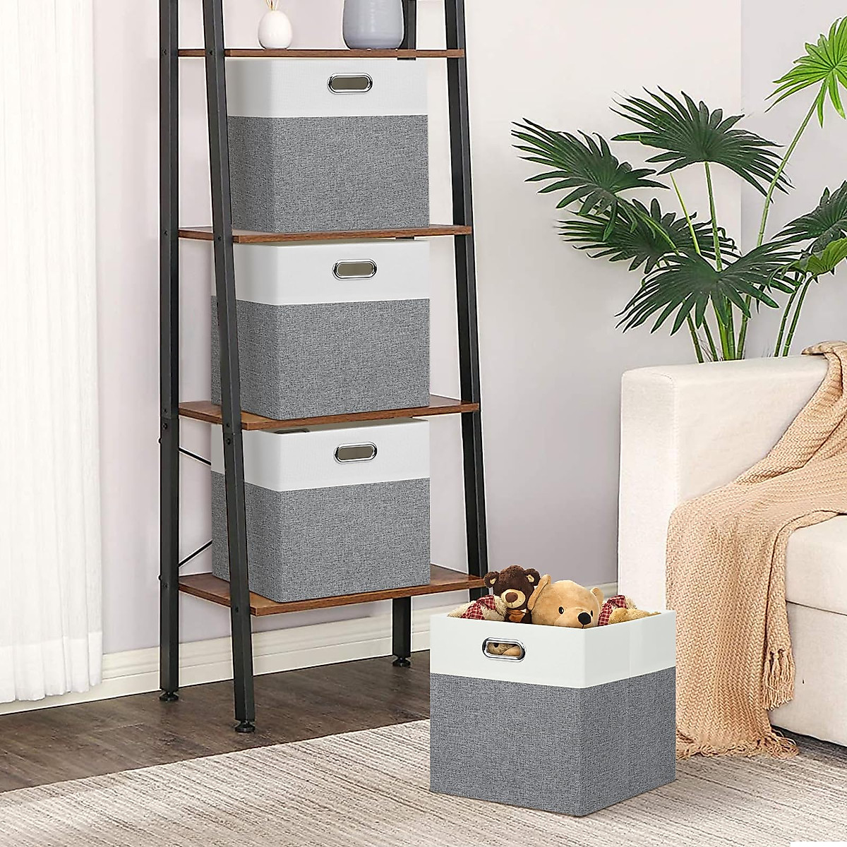 Bellzacasa Storage Cubes, 13×13×13 Linen Fabric Collapsible Storage Bins for Organization, Foldable Storage Baskets with Handles for Closet, Shelves, Offices, Toys, Set of 4, White&Gray