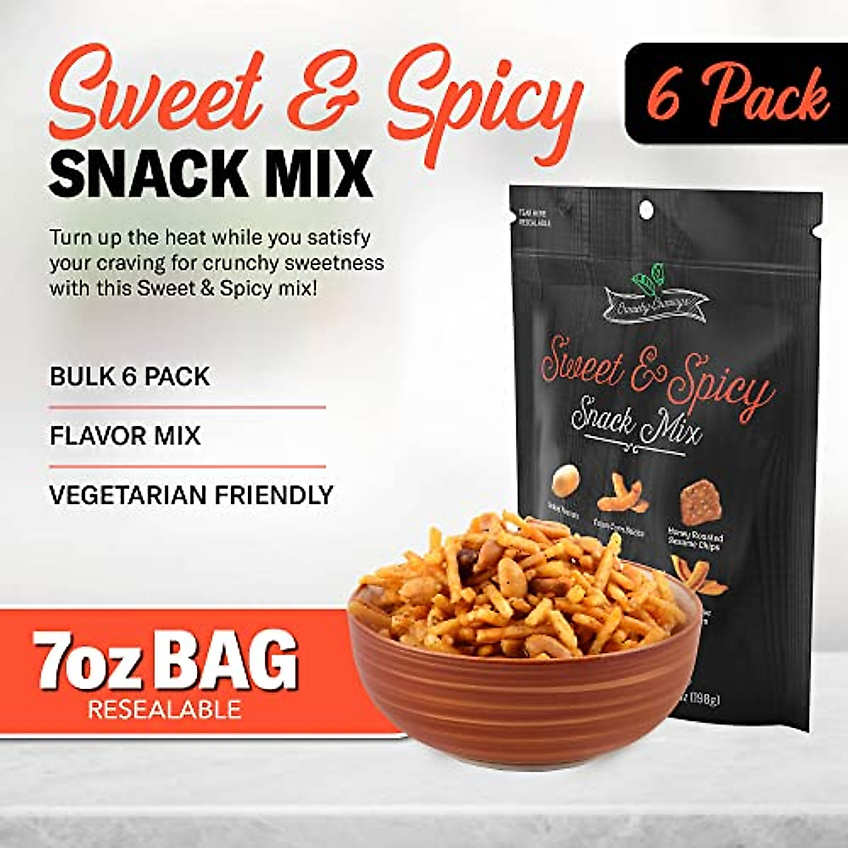 Sweet & Spicy Snack Mix - 7 oz Individually Wrapped Snack Bags - 6 Pack Bulk Snacks - Contains Peanuts - Trail Mix Individual Snacks for Adults - Party Mix & Pub Mix of Savory Hot Crunchy Salty Snacks