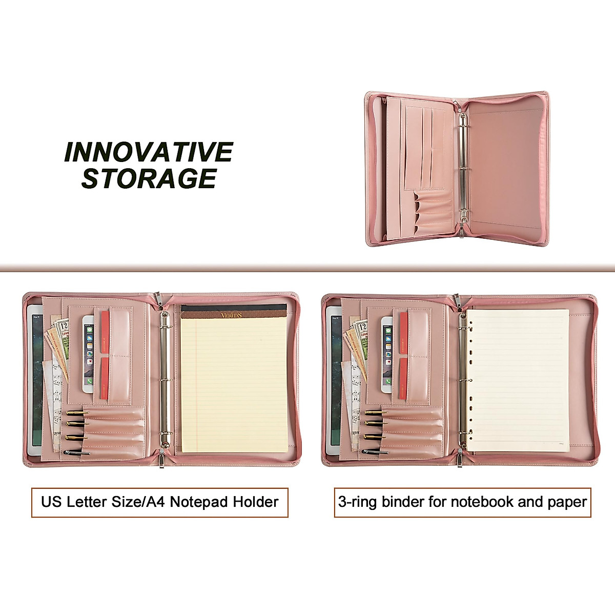 Free Engraved Name, Personalized Portfolio Binder for Women, PU Leather 3 Ring Binder Padfolio Organizer, Business Resume Zippered Portfolio with A4 Writing Pad, Corporate Gift, Customized, Pink