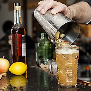 Bormioli Rocco Officina Water Glasses – Set Of 4 Clear Drinking Tumblers With Textured Ring Design & Vintage Stamp Logo – 11oz High Capacity Tall Cups For Soda, Juice, Milk, Coke, Beer, Spirits