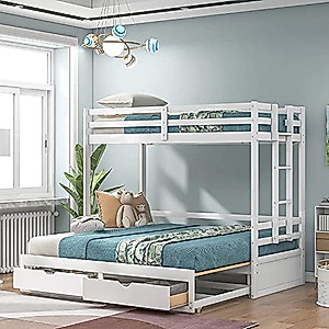 ATH-S Extendable Bunk Bed with Trundle, Wooden Twin Over Twin/Full/King Bunk Bed, Convert Bunk Bed with Storage Drawers (Color : White)