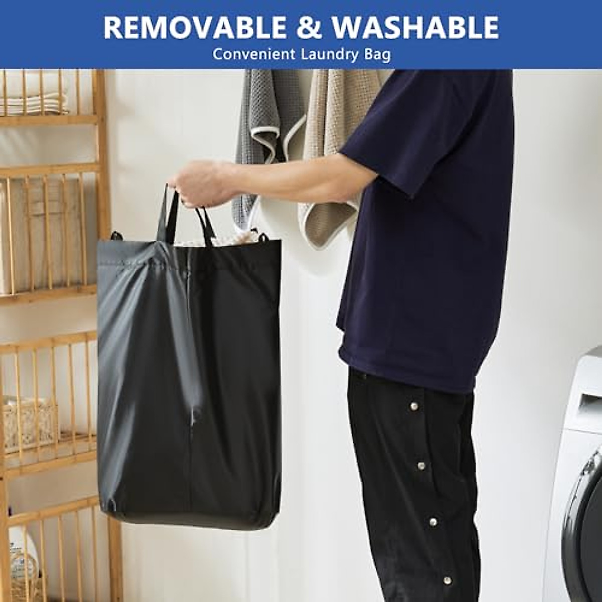 Large Laundry Hamper with Lid by Fiona's magic, 100L Tall Laundry Basket with Handle, Storage Basket for Clothes and Toy, Collapsible Laundry Hamper with Removable Bag for Bedroom, Bathroom, Black