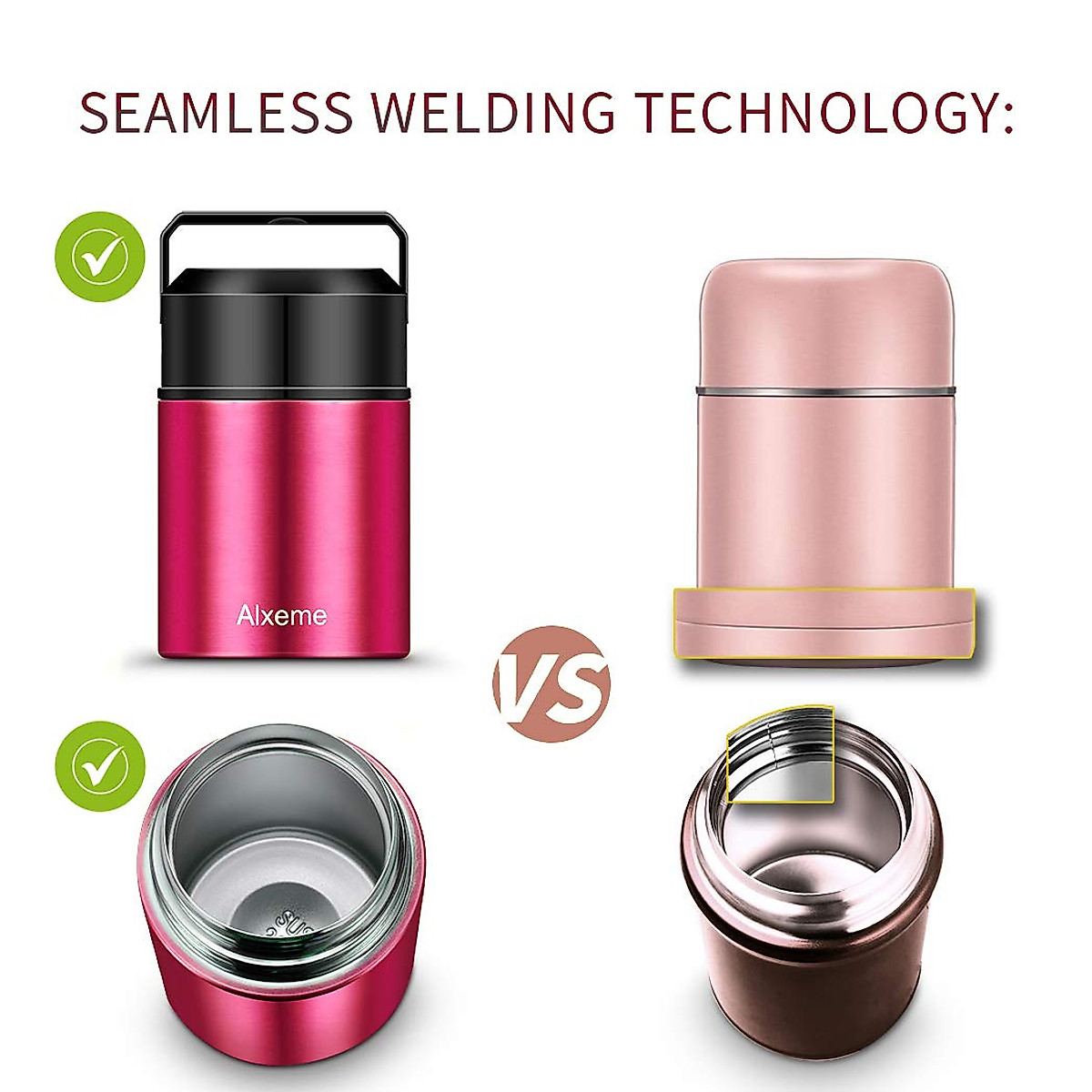 Alxeme Insulated Lunch Container, 27oz Vacuum Insulated Food Jar for Kids Adult, Stainless Steel Wide Mouth Soup Thermo for Cold Hot Food, Leak Proof Bento Box with Spoon Flexible Handle - RoseGold