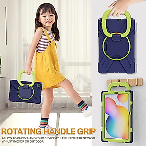 BRAECN Silicone Case for Samsung Galaxy Tab S6 Lite 10.4 Inch 2022/2020, Heavy Duty Rugged Case with Handle Grip, Shoulder Strap, Stable Kickstand, S Pen Holder, Navy+Green