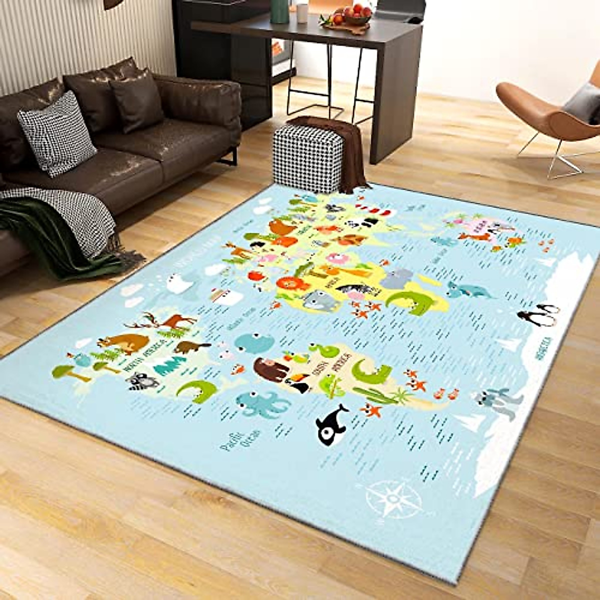 Kids Area Rug World Map Cute Animal Rugs Educational Floor Carpet for Boy Girl Machine Washable Area Rugs for Living Room, Bedroom, Playroom,8' x 10', Blue