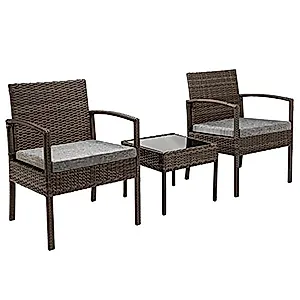 JYDQM in Stock 3 Piece Patio Furniture Set Wicker Rattan Outdoor Patio Conversation Set 2 Cushioned Chairs & End Table