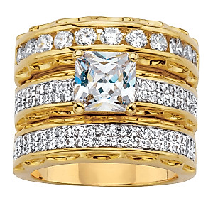 PalmBeach Yellow Gold-Plated or Silvertone Princess Cut and Round Cubic Zirconia 3 Piece Bridal Ring Set Size 7