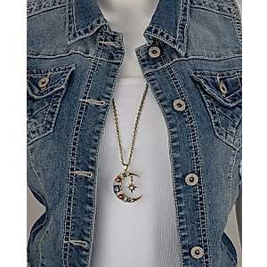 SPUNKYsoul Boho Antique Gold Tribal Crescent Moon Faceted Crystal Long Necklace for Women