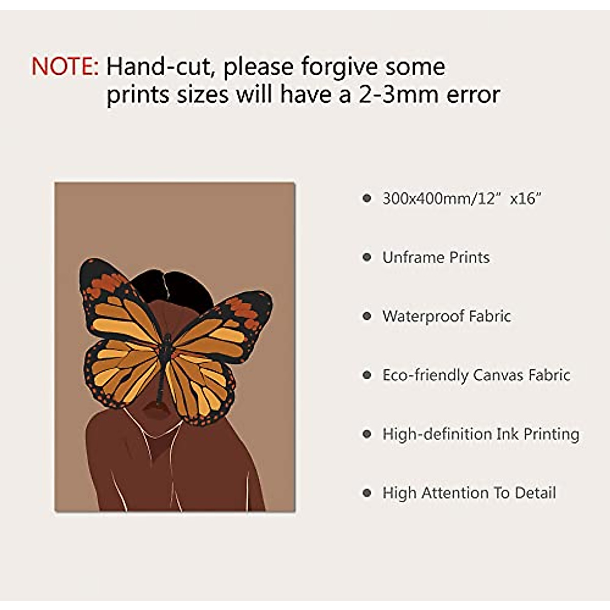 MUELOSY African American Woman Art, Fashion Art, Woman Fashion Portrait, Black Girl wall Art, Black Woman with Butterfly With Flower Wall Art Cavans Décor,12x16in set of 3 (Frameless Canvas)