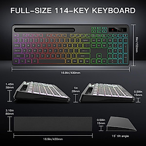 Soueto Wireless Keyboard with 7 Colors & 4 Modes RGB Backlit, Ergonomic Keyboard with Wrist Rest, Phone Tablet Holder, 2.4G Light Up Computer Keyboard with Numeric Keypad for Mac, Windows