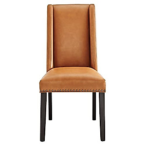 Modway Baron Modern Tall Back Wood Vegan Leather Upholstered Two Dining Chairs in Tan