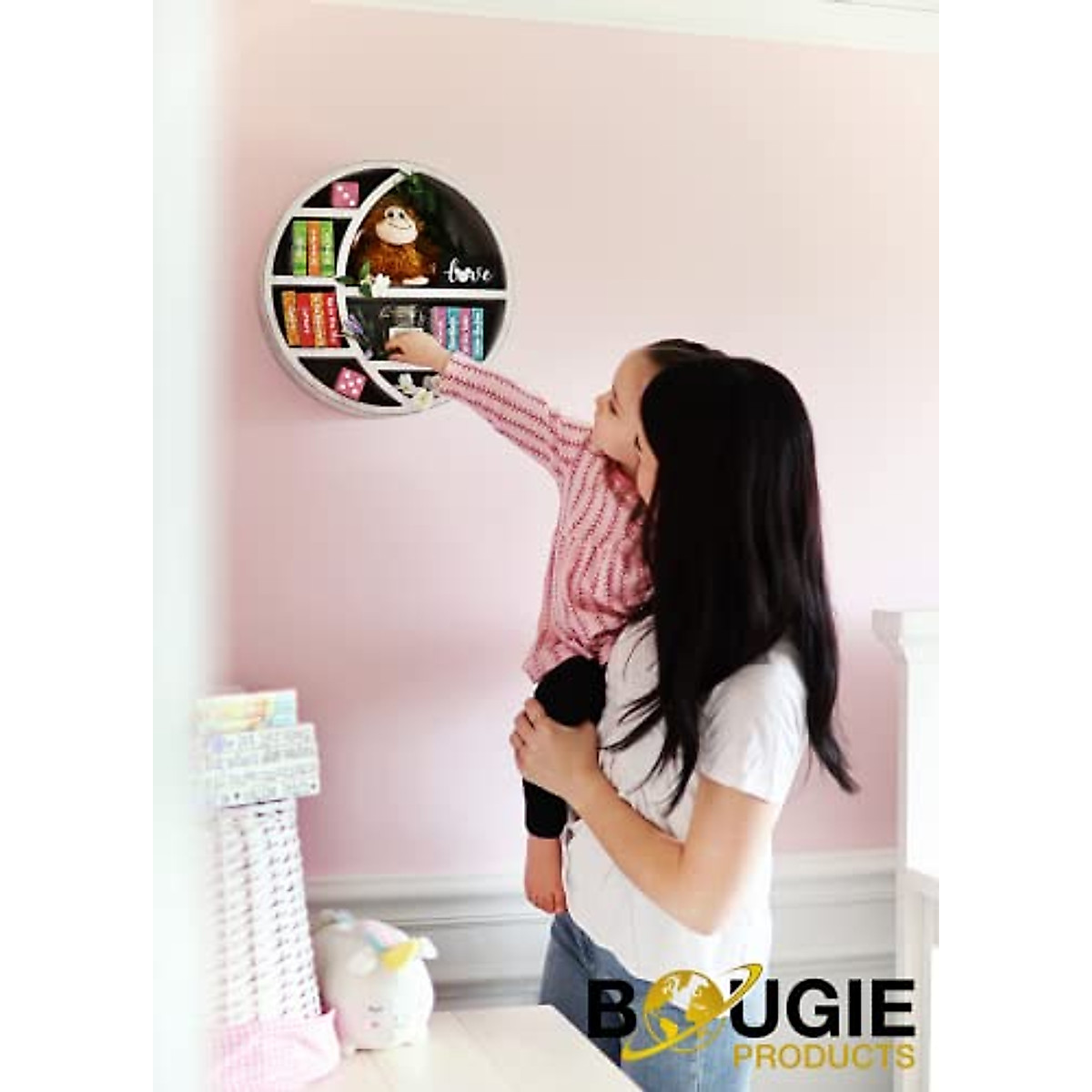 BOUGIE PRODUCTS Moon Shelf Rustic White - Floating Wall-Mounted 14" x 3.5" Wooden Crescent Moon Shelf for Bathroom, Bedroom, Living Room & Kitchen - Display for Crystals, Stones, and Essential Oils