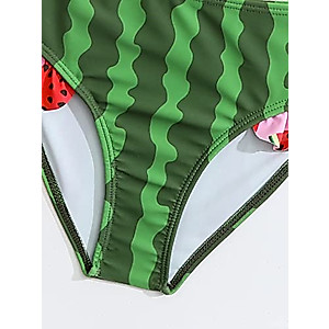 WDIRARA Toddler Girl's 2 Piece Set Watermelon Print Ruffle Trim Swimwear High Neck Bikini Swimsuit Pink and Green 5Y