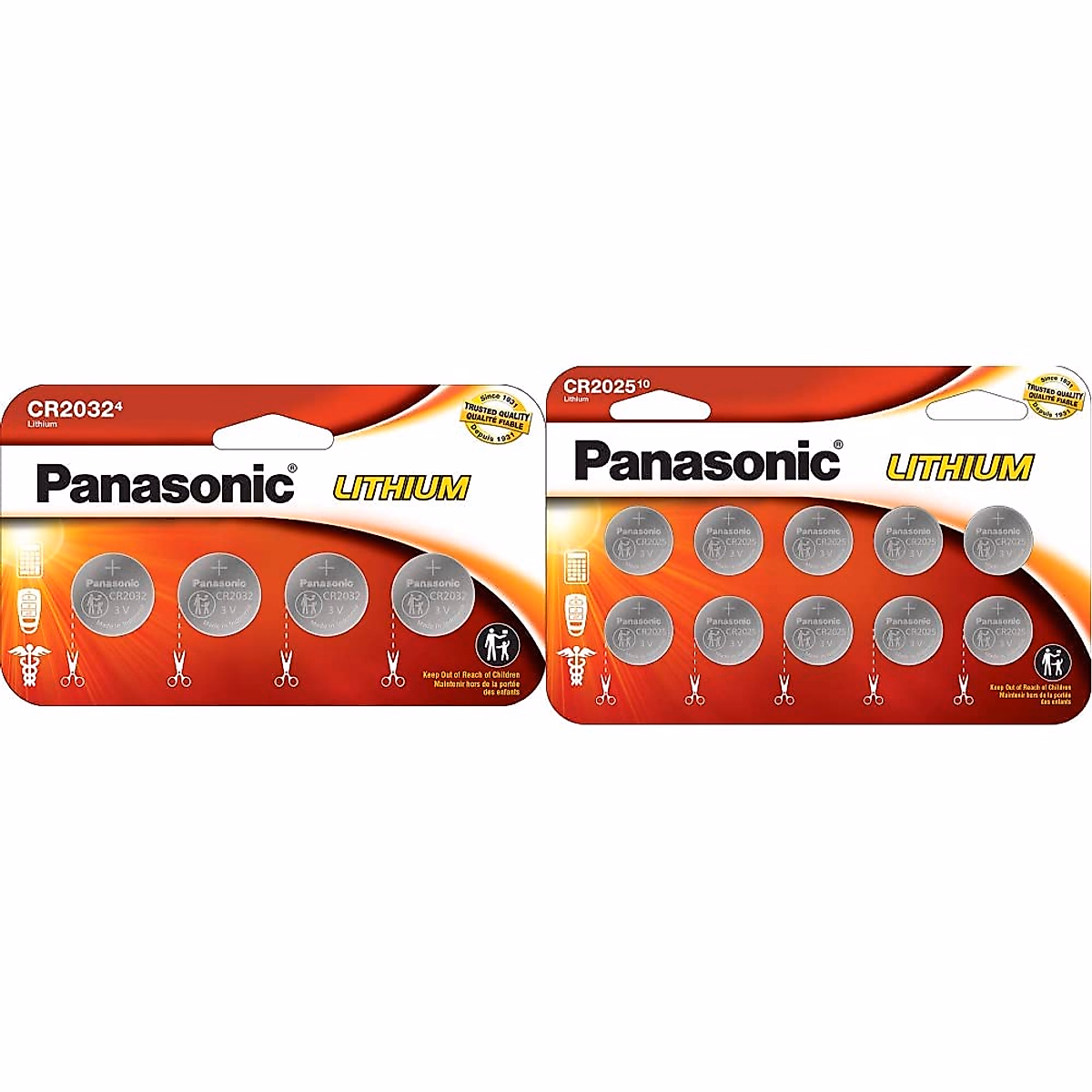 Panasonic CR2032 3.0 Volt Long Lasting Lithium Coin Cell Batteries in Child Resistant, 4 Pack & Panasonic CR2025 3.0 Volt Long Lasting Lithium Coin Cell Batteries in Child Resistant, 10 Pack