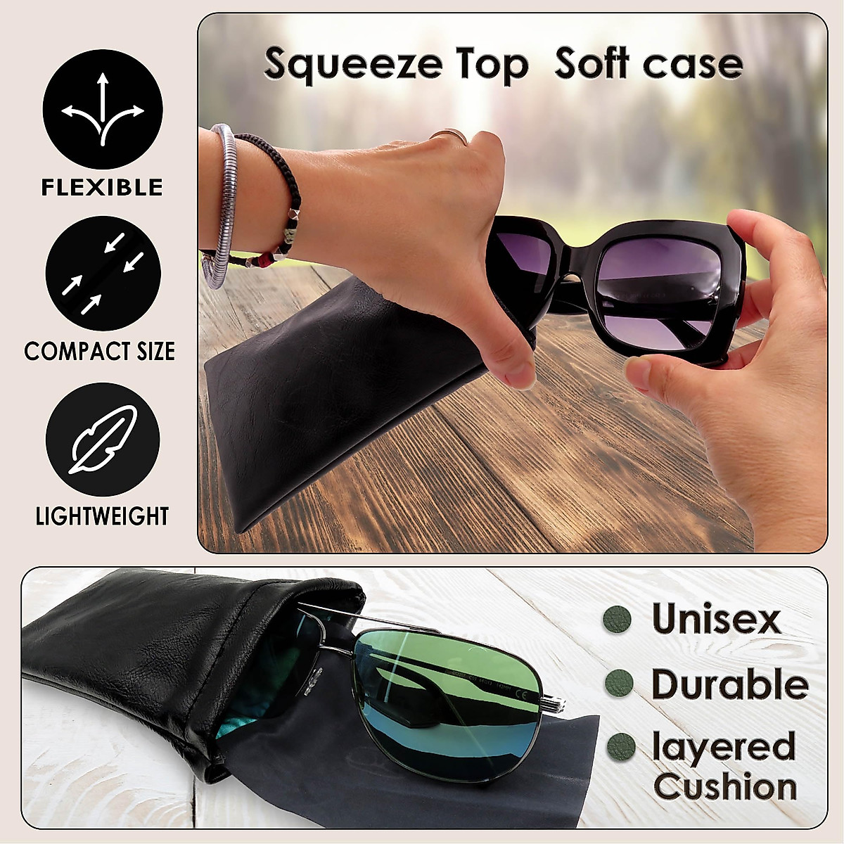 Soft Sunglasses Case Squeeze Top | XL Eyeglass case with Cleaning Cloth | Large soft Glasses Case Holder | Passport Holder Pouch | Earbud and cell Phone Storage Case (CT8 Black)