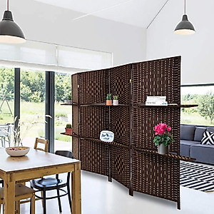 Room Divider Folding Portable Privacy Wooden Screen 4 Panel Partition Wall Indoor/Outdoor Folding Screen w/Dual-Sided Hinges & 2 Removable Display Shelves for Home Office, Brown