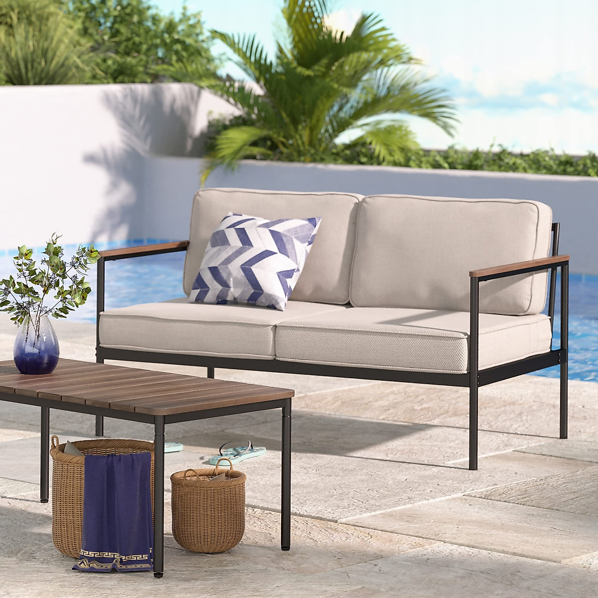 ZINUS Savannah Aluminum and Bamboo Outdoor Armchairs with Cushions - Set of 2, Premium Patio Chairs, Weather Resistant and Rust Proof, Easy Assembly