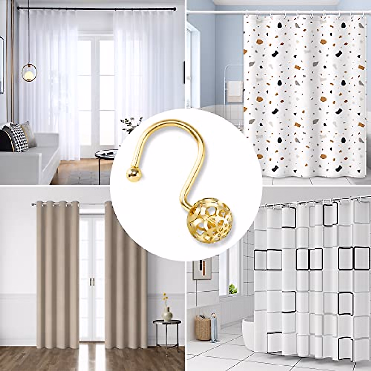 YJNSFT 12 Pcs Hollow Ball Shower Curtain Hooks, Rust Proof Chrome Rod Hooks Sets, Luxury Decorative Stainless Steel Shower Curtain Rings for Bathroom (Gold)