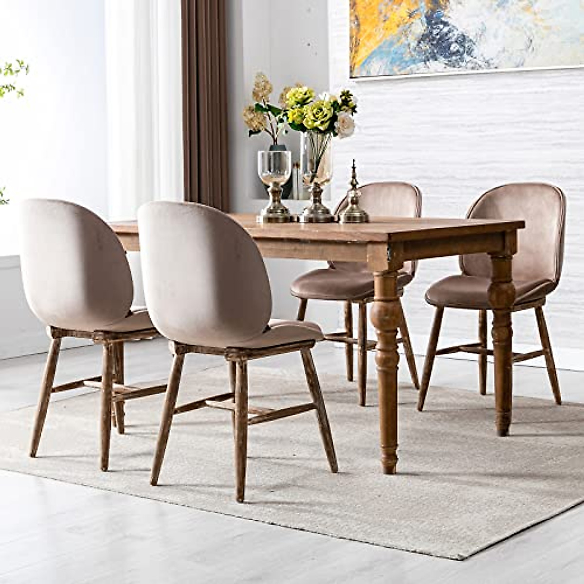 DUOMAY Velvet Dining Room Chair, Modern Farmhouse Side Chair Makeup Vanity Chair with Back for Kitchen Dining Room Living Room, Wood Base, Grey