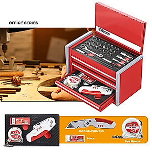 P.I.T. Portable 3 Drawer Steel Tool Box with 61-Pieces Mechanics Tool Set,Magnetic Locking, Red Hand Carry Tool Cases for Hand Tools Repair Tool Kit