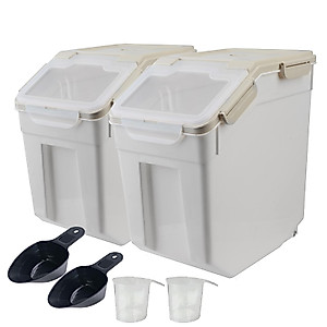 Rice Storage Container 25 lb (15 Liters) with Measuring Cup, 2 Packs Flour Storage Containers with Wheels, BPA Free Rice Dispenser Bin for Rice | Grain | Pet Food | Flour - Grey