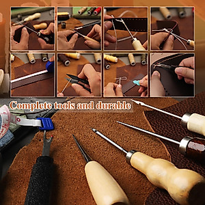 TLKKUE Leather Upholstery Repair Sewing Kit, Leather Crafting Tools and Supplies Leather Working Kit with Waxed Thread Heavy Duty Sewing Needles Awls Thimble for Shoes Sofa Carpet Repair and Sewing