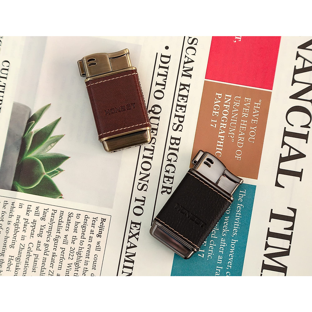 STAOSAN Soft Flame Lighter Leather Small Indoor Butane Refillable (Brown+Black)