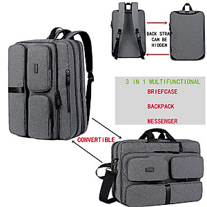 Hybrid Briefcase Backpack Convertible Large 17inch College School Computer bag Multi-Functional Travel Rucksack (Grey)