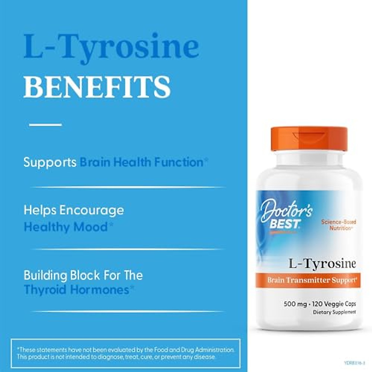 Doctors Best L-Tyrosine, 500 mg, Brain Transmitter Support, Non-GMO, Gluten Free 120 Veggie Caps