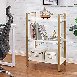 BEWISHOME 3 Tier Bookshelf Open Organizer, White Small Bookshelf for Small Spaces, Modern Wooden Storage Bookcase with Gold Metal Frame for Bedroom Living Room and Home Office JCJ42M