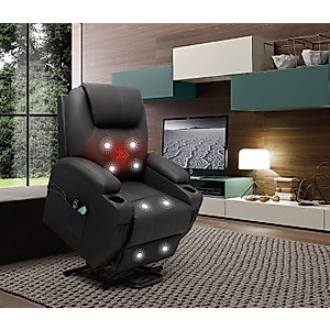 VICTONE Electric Power Lift Recliner Chair for Elderly Reclining Sofa for Living Room with Massage and Heat, Side Pockets and Cup Holders (Leather, Black)