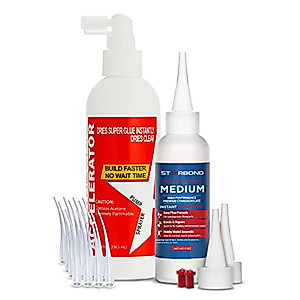 STARBOND 4 oz. Medium CA Glue with 8 oz. Pump Accelerator Bundle - Super Craft Glue for Wood, Plastic, Metal, Leather, Ceramic - Cyanoacrylate Glue for Woodworking, Woodturning, Guitar, Hobby