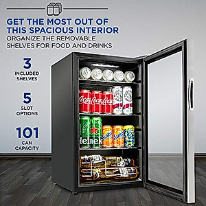 Ivation 101 Can Beverage Refrigerator | Freestanding Ultra Cool Mini Drink Fridge | Beer, Cocktails, Soda, Juice Cooler for Home & Office | Reversible Glass Door & Adjustable Shelving, Stainless Steel