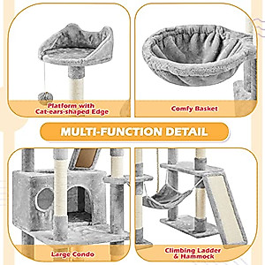 Yaheetech 82.5in Large Cat Tree, Multi Level Cat Tower w/ 2 Cozy Condos, 2 Cat-Ear Perches, Scratching Posts, Hammock, Basket, Cat Furniture for Indoor Cats, Kittens, Light Gray